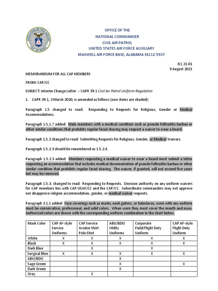 CAPR 39-1 Uniform Regulation Update | PDF | Trousers | Civil Air Patrol