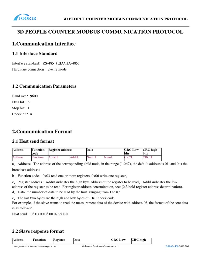 3D PEOPLE COUNTER MODBUS COMMUNICATION PROTOCOL_V1.2 | PDF | Server (Computing) | Computer ...