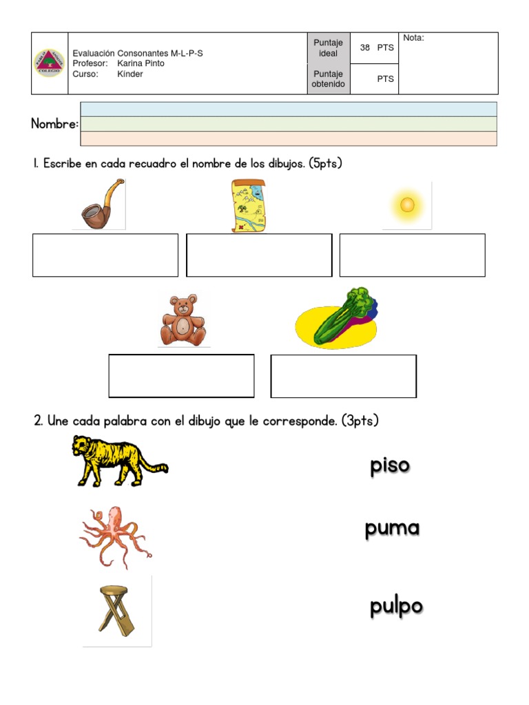 Evaluación Consonantes M, P, L, S | PDF