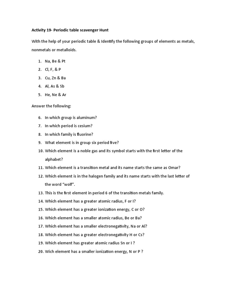 Periodic Table Scavenger Hunt Activity | PDF