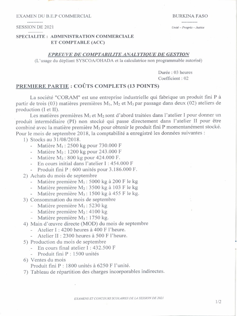 BEP COMMERCIAL 2021 - Compta Analytique de Gestion | PDF