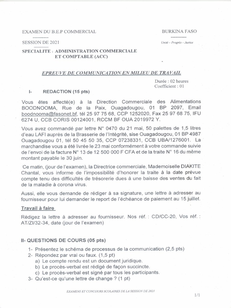 Bep Commercial 2021 - Com Milieu Travail | PDF