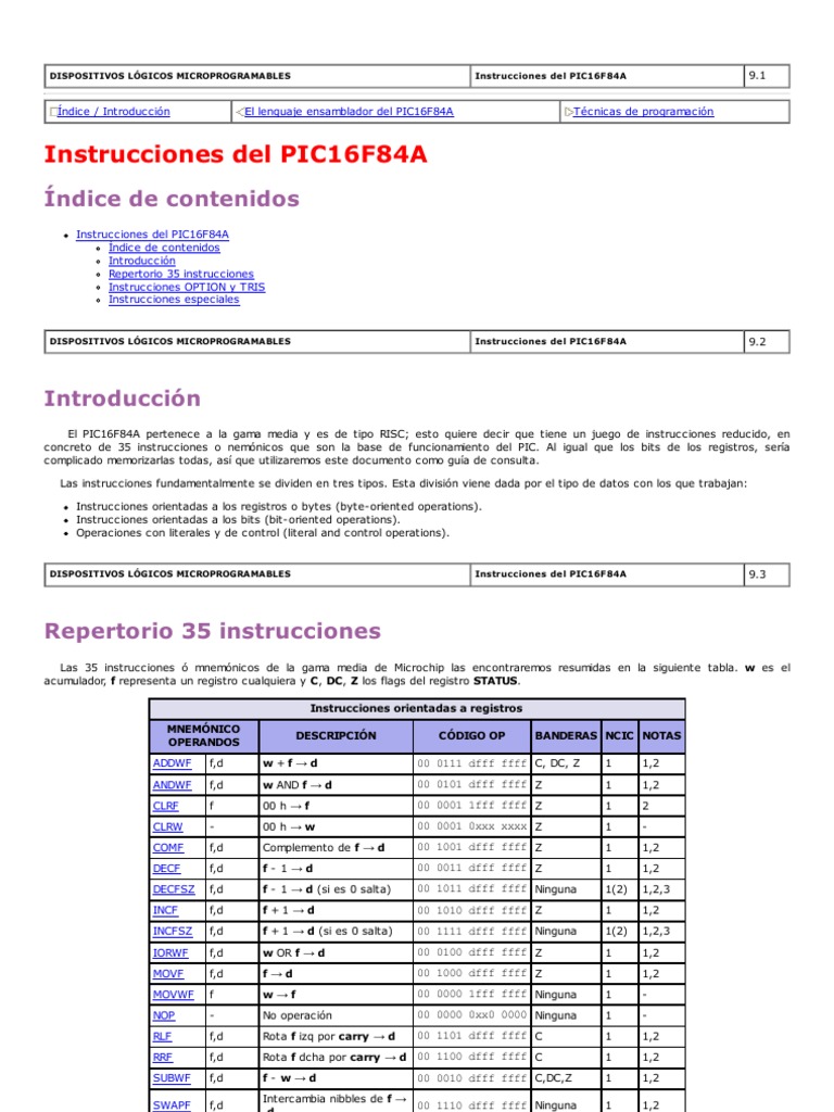 Instrucciones Del Pic16f84A | PDF | Poco | Conjunto de instrucciones