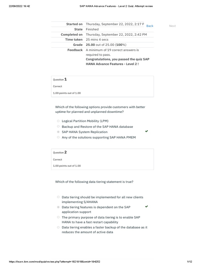 SAP HANA Advance Features - Level 2 Quiz - Attempt Review | PDF | Computer Data Storage | Cache ...