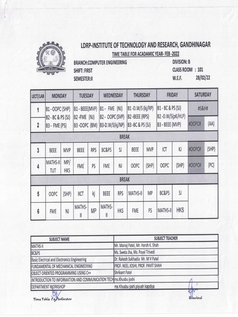 Time Table For Acadamic Year Feb-2022 | PDF