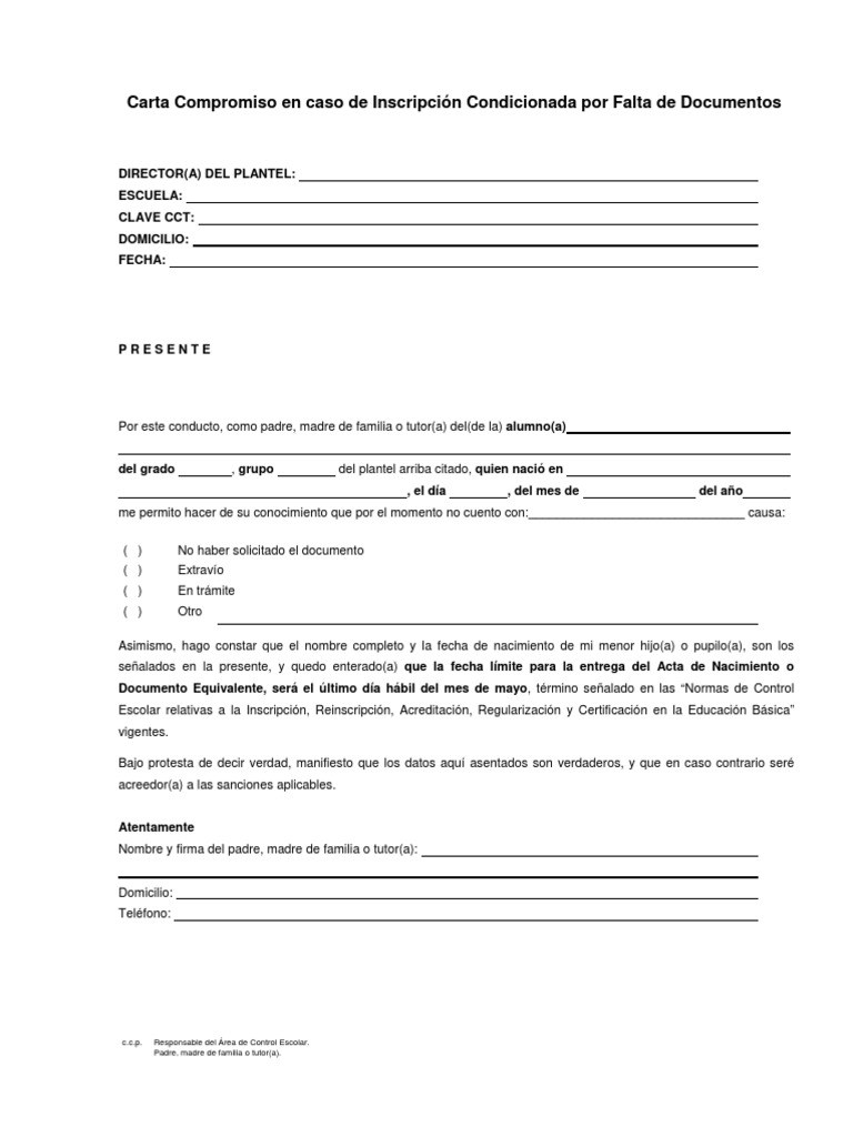 Carta Compromiso en Caso de Inscripción Condicionada Por Falta de ...