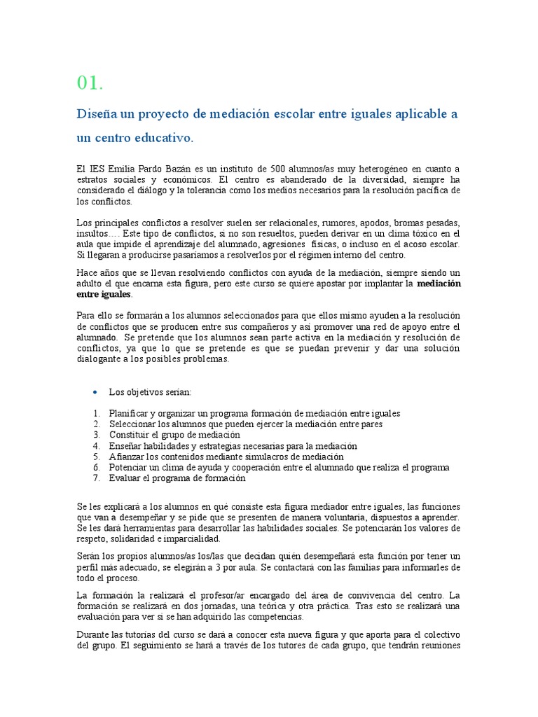 Diseña Un Proyecto de Mediación Escolar Entre Iguales Aplicable A Un ...