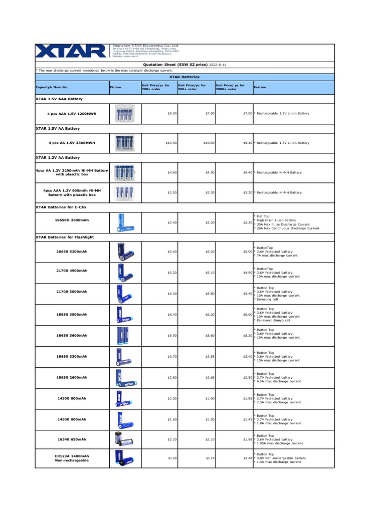 XTAR Batteries Quotation Sheet: Price Lists and Specifications for ...