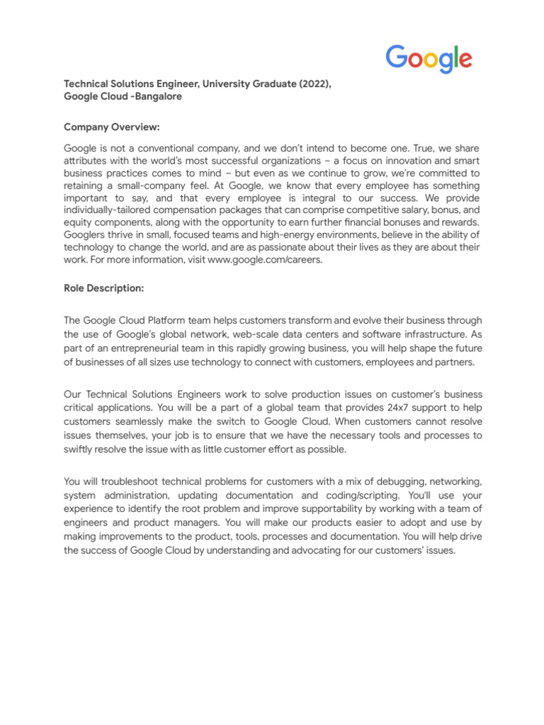 JD - Technical Solutions Engineer, University Graduate | PDF | Cloud Computing | Scripting Language