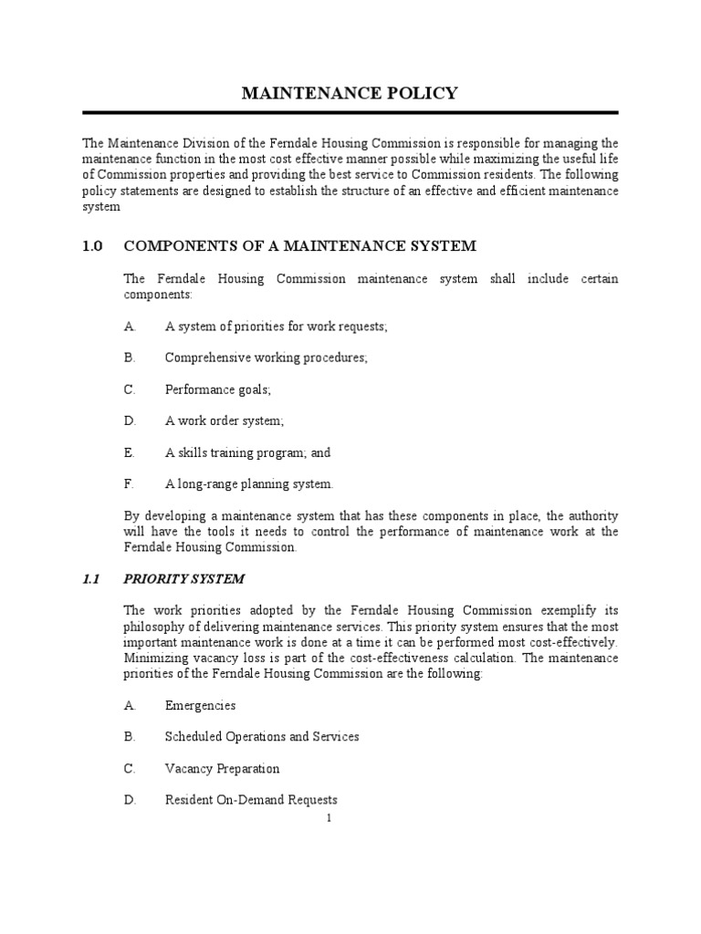 Maintenance Policy | PDF | Emergency | Employment