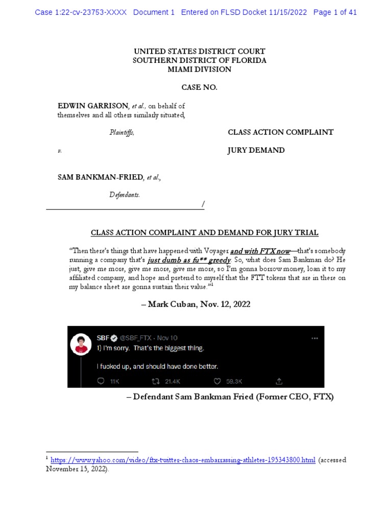 FTX Class Action: Fraud & Celeb Involvement | PDF | Cryptocurrency ...
