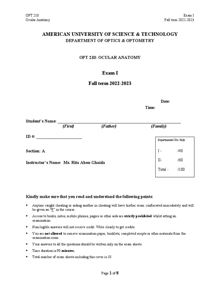 Ocular Anatomy Exam I - Answer Key - F' 22 - 23 | PDF | Cornea | Epithelium