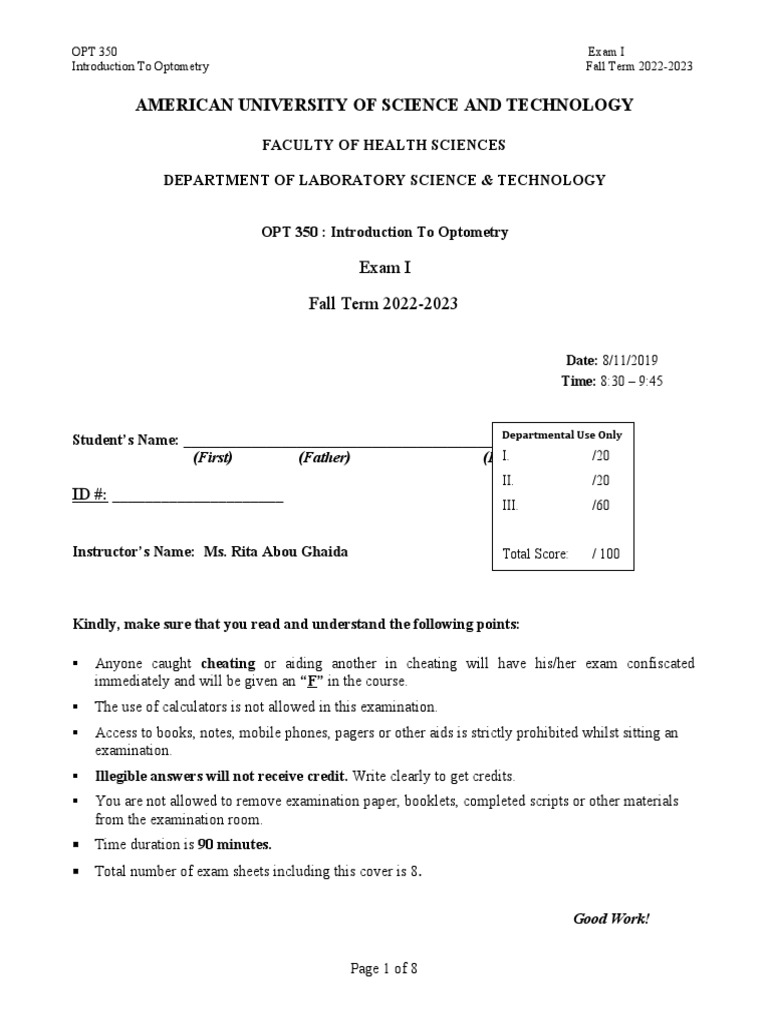 OPT 350 Intro To Optometry RAG Exam I Answer Key F'22-23 | PDF | Cornea | Human Eye