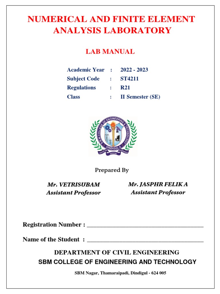 St4211-Numerical and Finite Element Analysis Laboratory | PDF | Finite Element Method | Equations