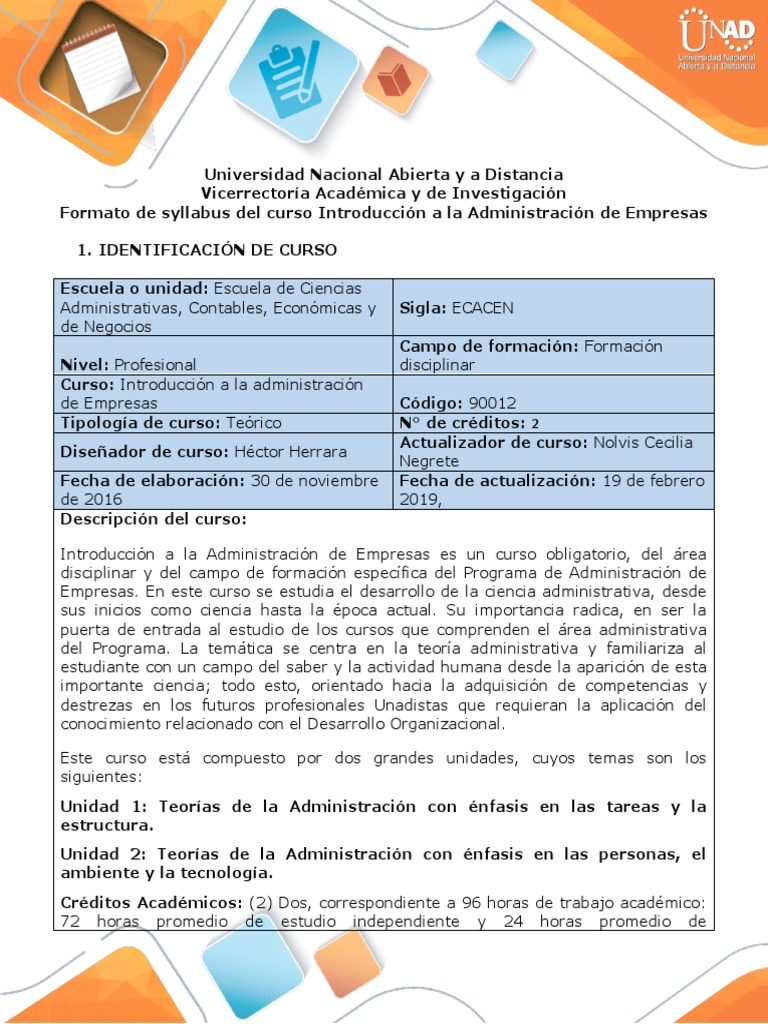 Syllabus Del Curso Introducción A La Administración de Empresas | PDF | Teoría | Aprendizaje