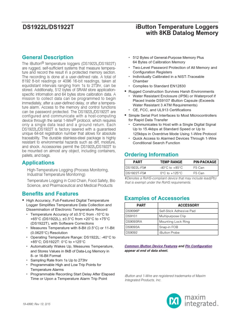 Datasheet DS1922L-DS1922T | PDF | Calibration | Input/Output
