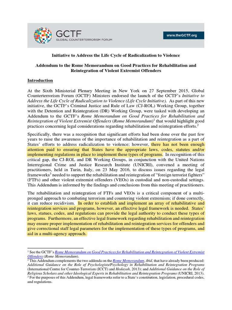 GCTF (2015) - Addendum To Rome Memo | PDF | Rehabilitation (Penology) | Crime & Violence
