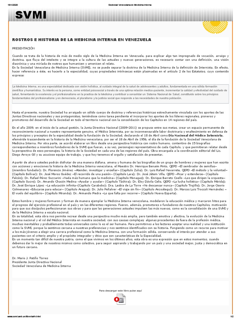 Rostros e Historia de La Medicina Interna en Venezuela, Sociedad ...