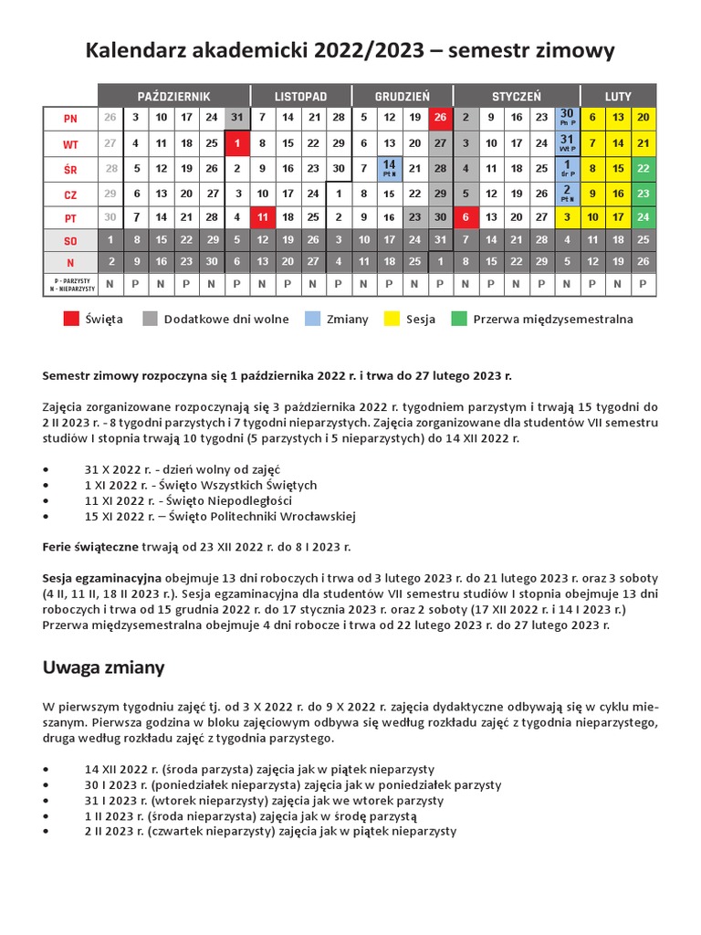 Kalendarz Akademicki 2022-2023 Zima Lato PL | PDF