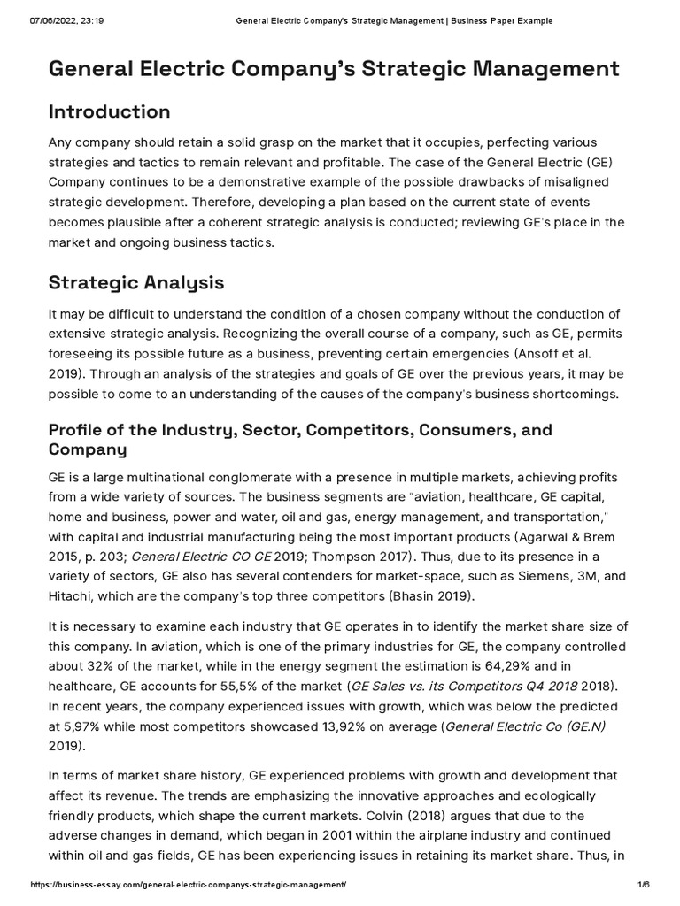 General Electric Company's Strategic Management - Business Paper ...