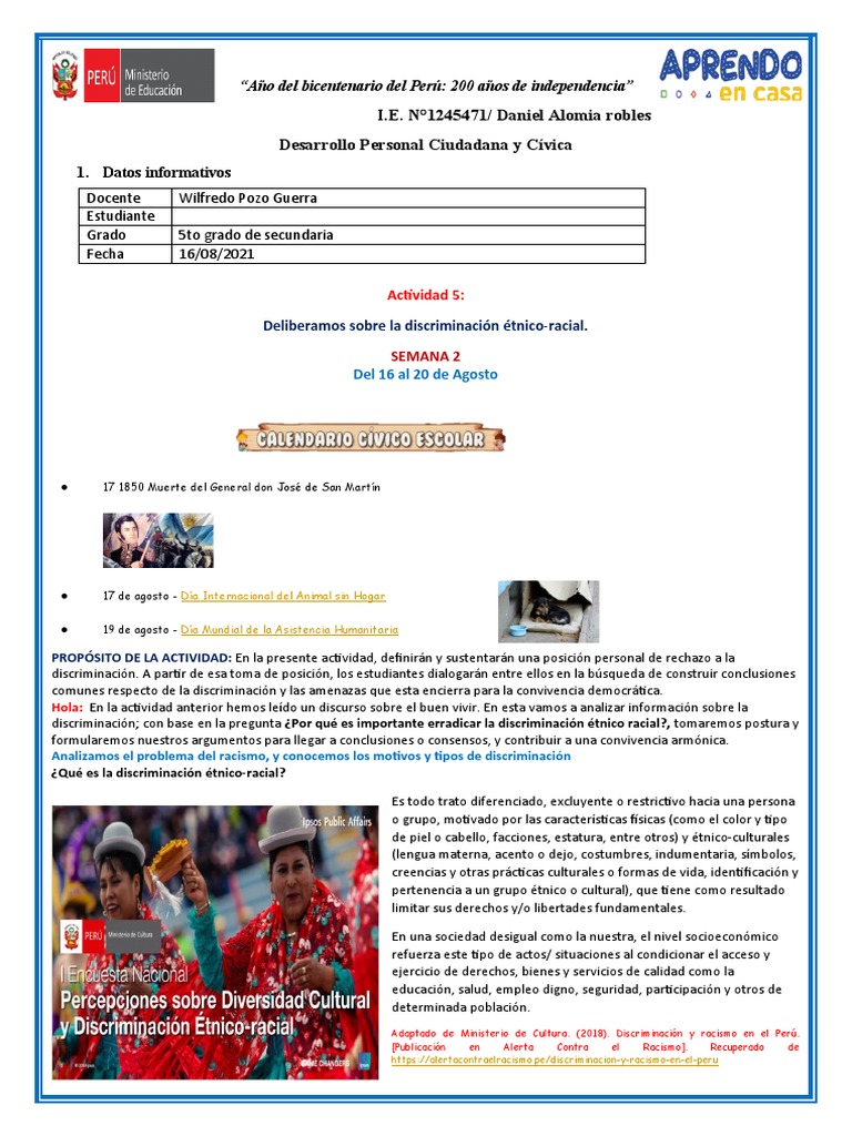 (5TO) 5 Actividad de Aprendizaje #02 | PDF | Racismo | Discriminación y ...