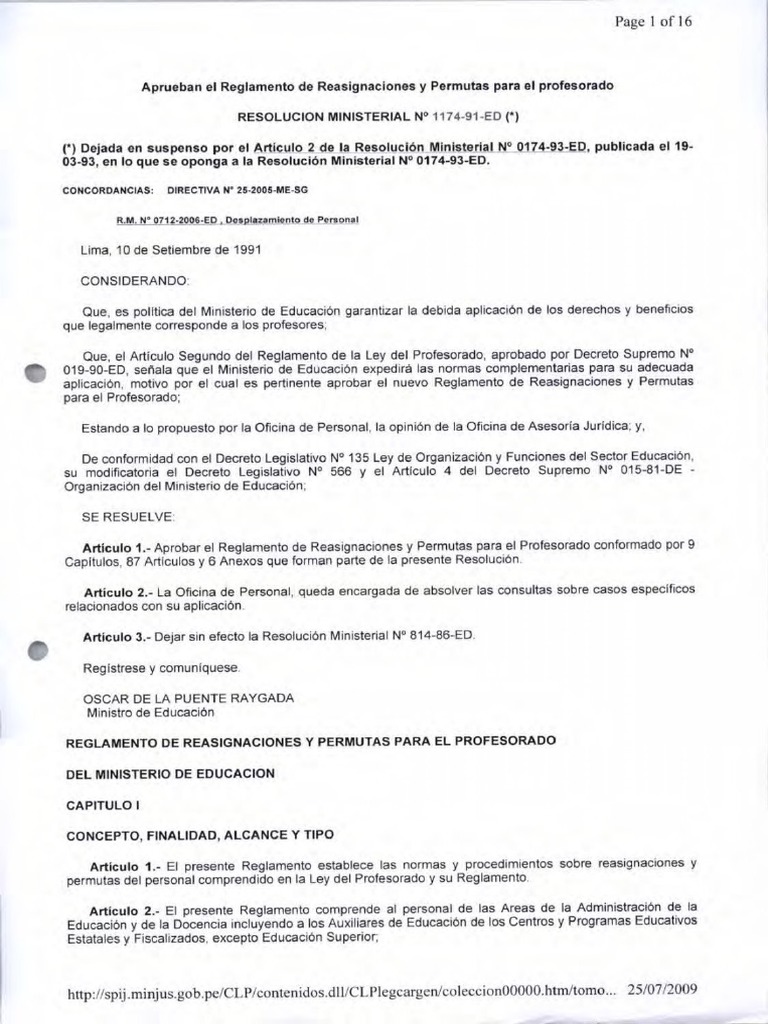 RM 1174-91-ED - Reglamento Reasignaciones y Permutas | PDF