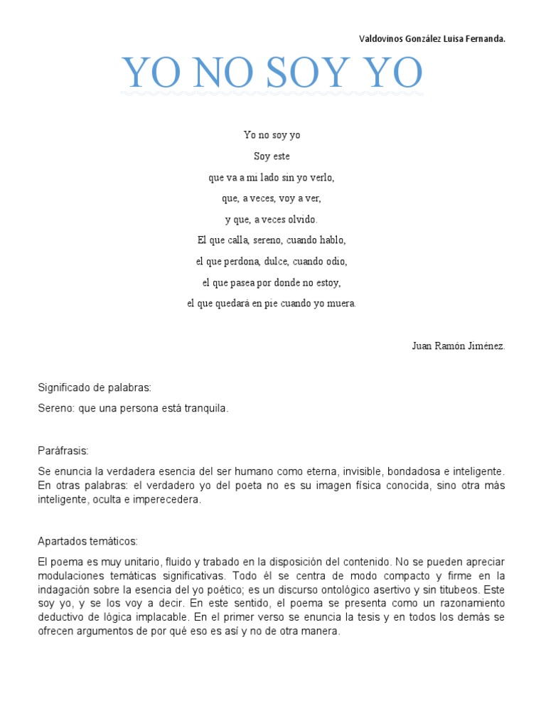 Análisis del poema "Yo no soy yo" | PDF | Poesía | Rima