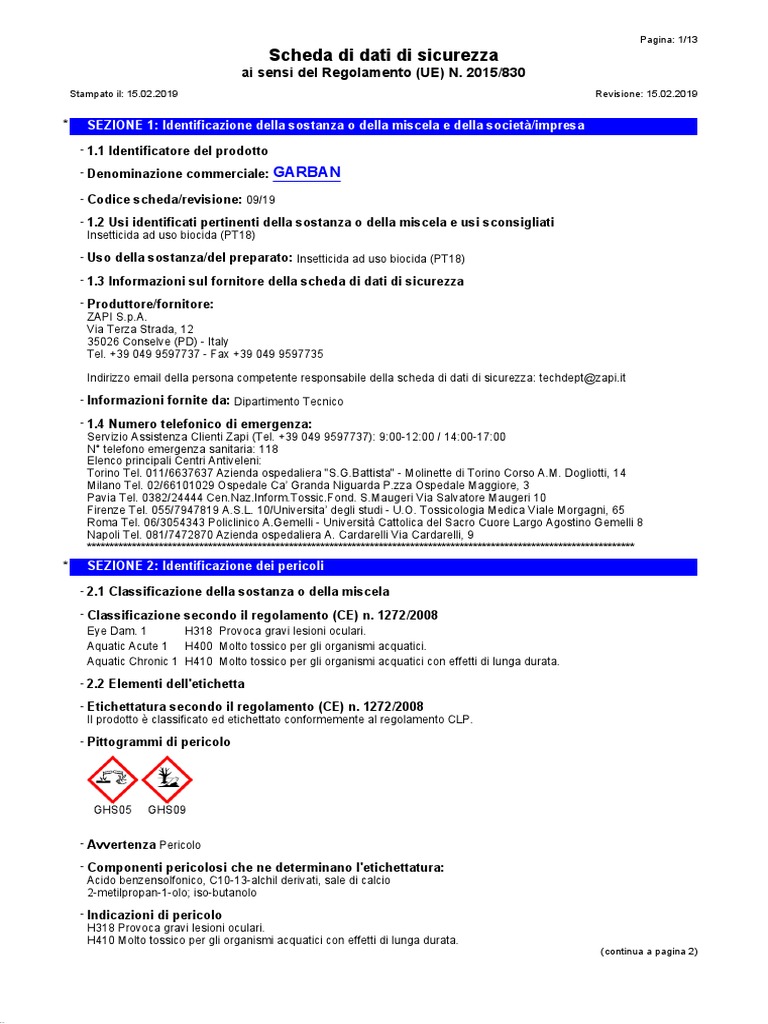Garban Scheda Sicurezza | PDF