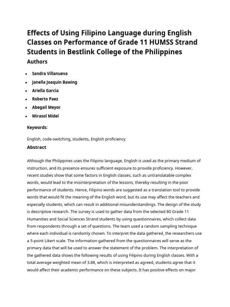 Effects of Using Filipino Language During English Classes On Performance of Grade 11 HUMSS ...