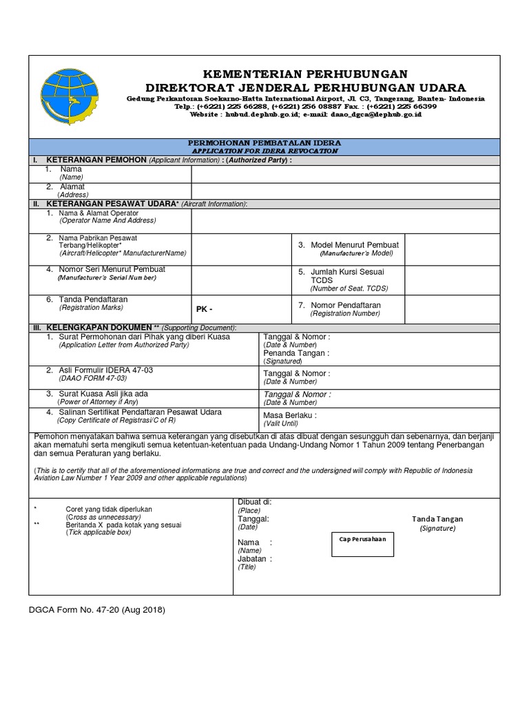 Dgca Form 47-20 Permohonan Pembatalan Pencatatan Idera | PDF