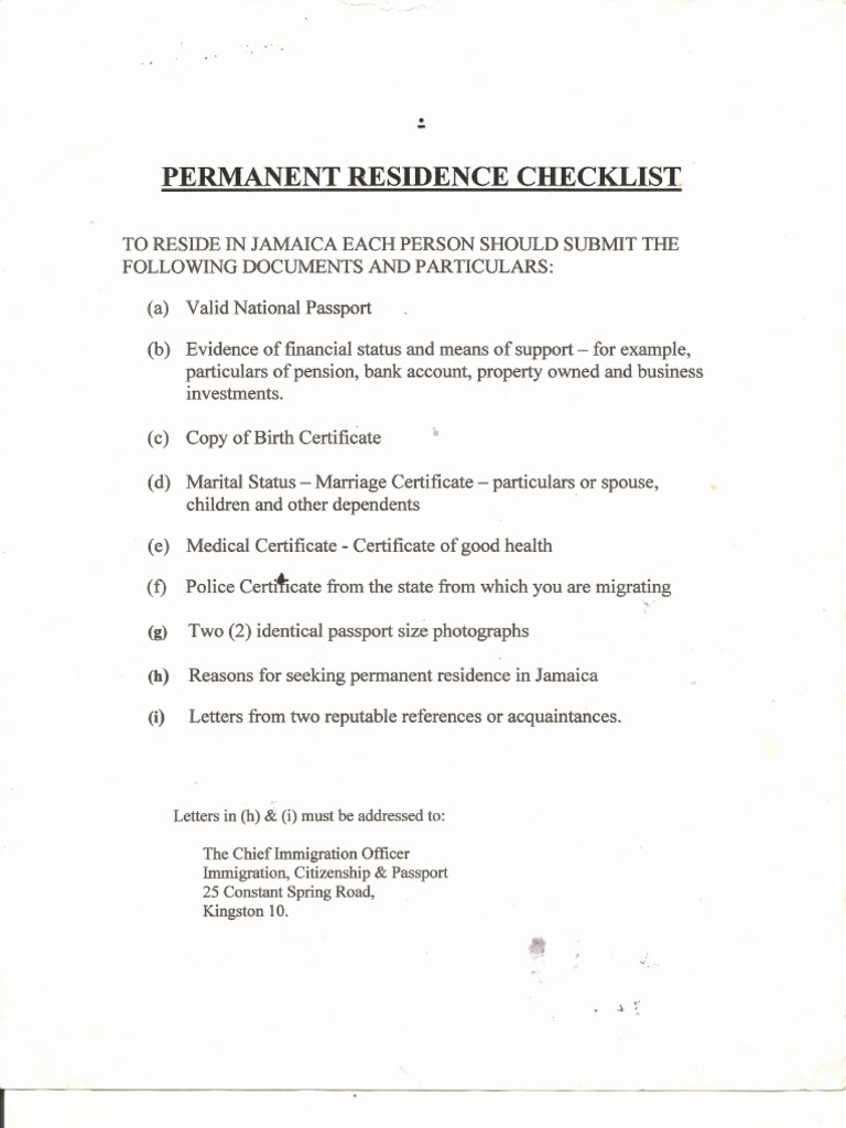 Jamaica Permanent Residence Checklist | PDF