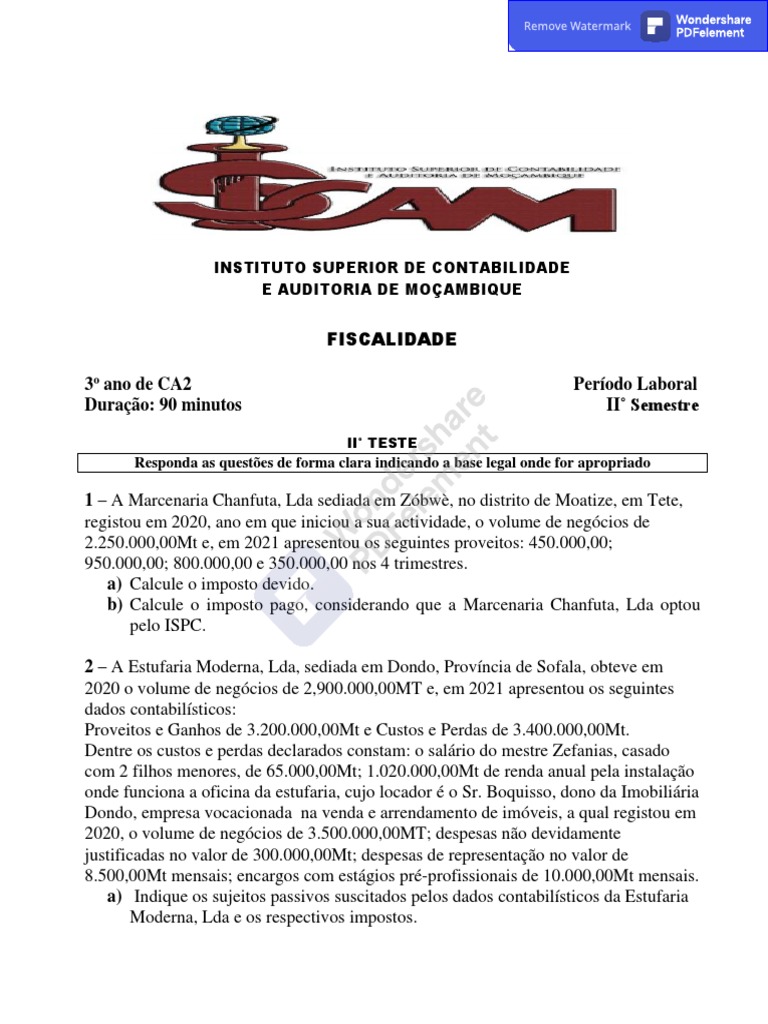 II Teste - Fiscalidade 3CA2L Estudantes - ISCTEM 15-11-22 | Descargar ...