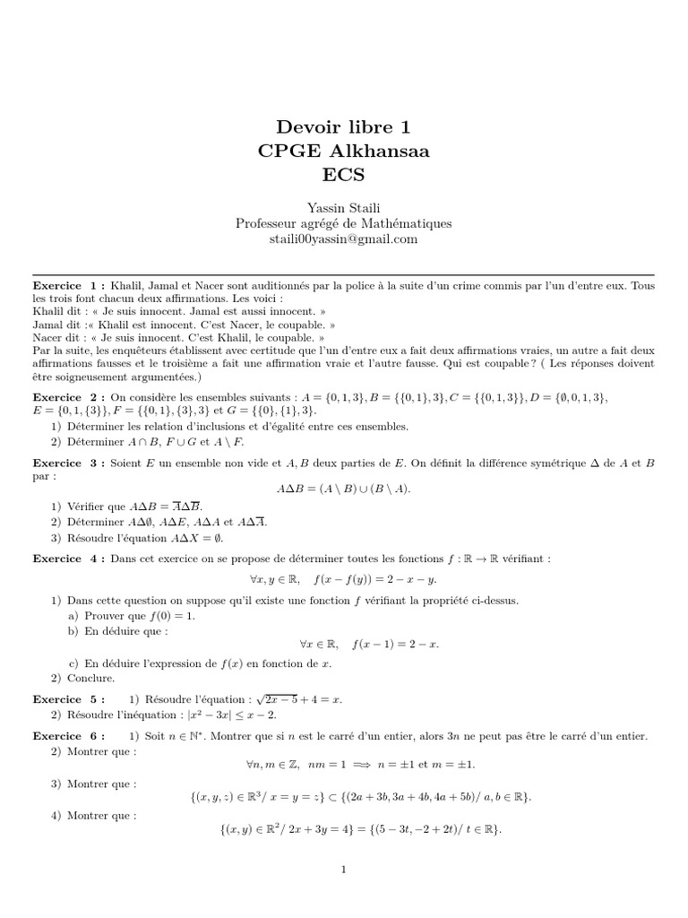 Devoir Libre 1 | PDF | Concepts mathématiques | Algèbre générale