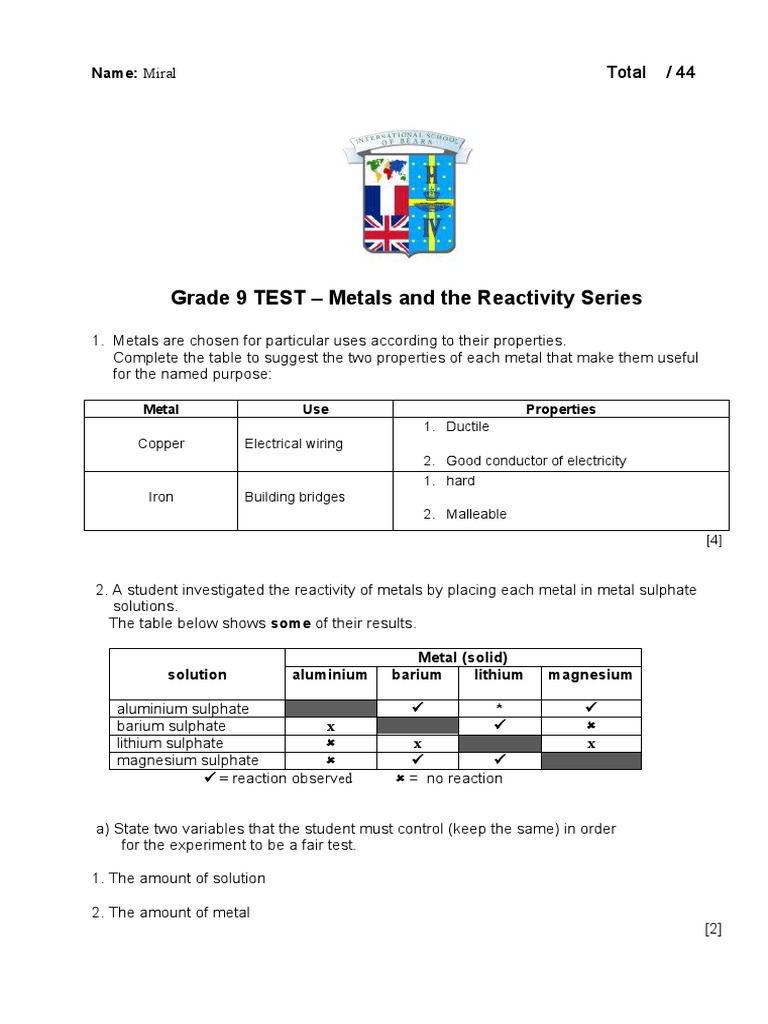 G9 Metals and Reactivity TEST | PDF | Magnesium | Aluminium