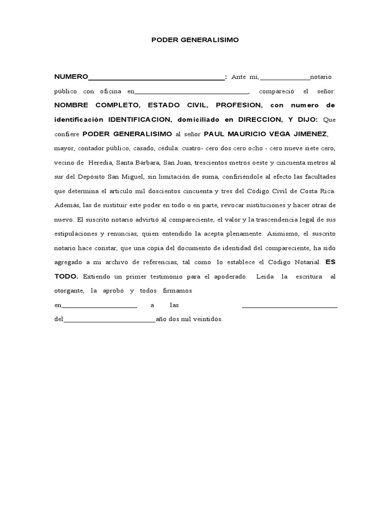 PODER GENERALISIMO - Unicornio COSTA RICA | PDF | Derecho Civil (Common ...