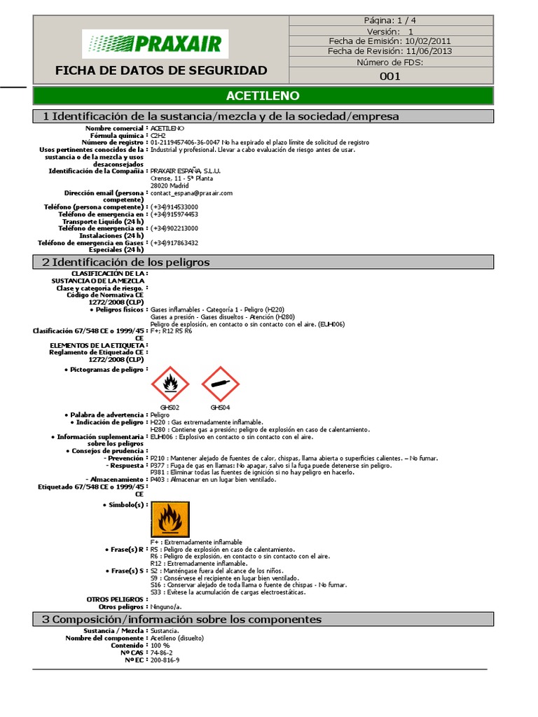 MSDS Praxair Acetileno | PDF | Agua | Cobre