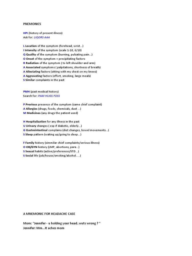 Cs Mnemonic S | PDF | Headache | Arthritis