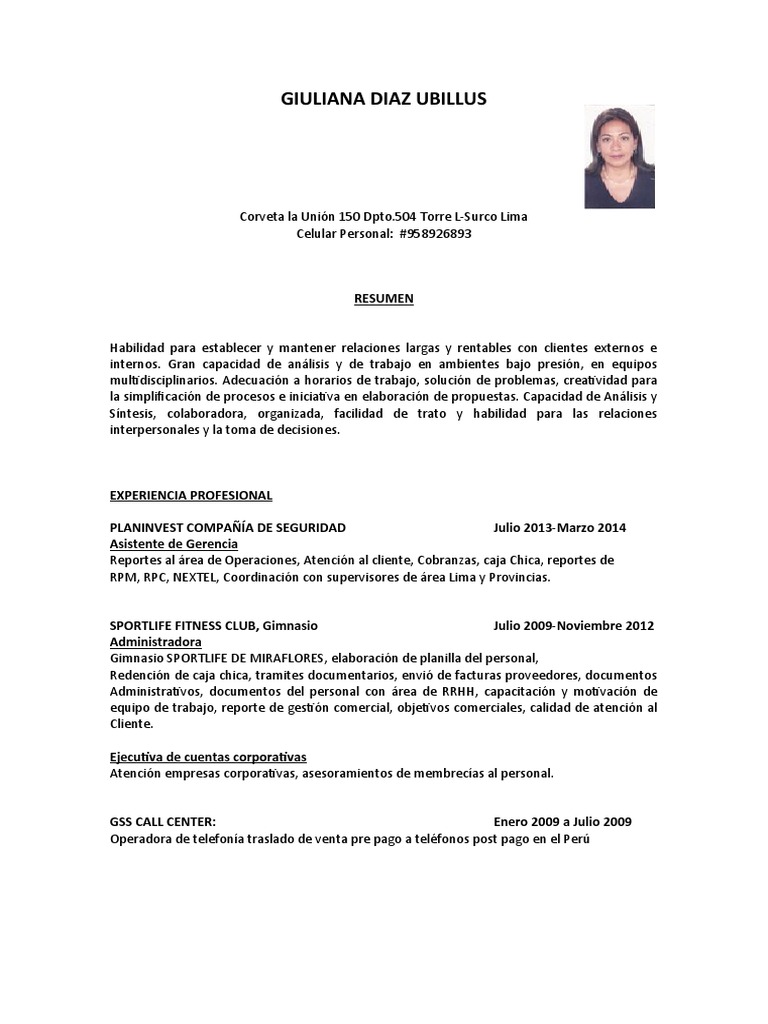 GIULIANA DIAZ UBILLUS - CV Lima | PDF | Servicio al Cliente | Jubilación