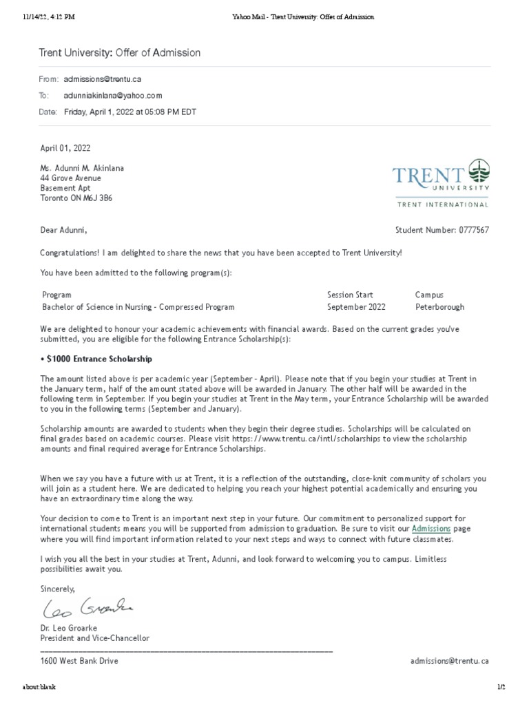 Yahoo Mail - Trent University Offer of Admission-1 | PDF | Academia ...