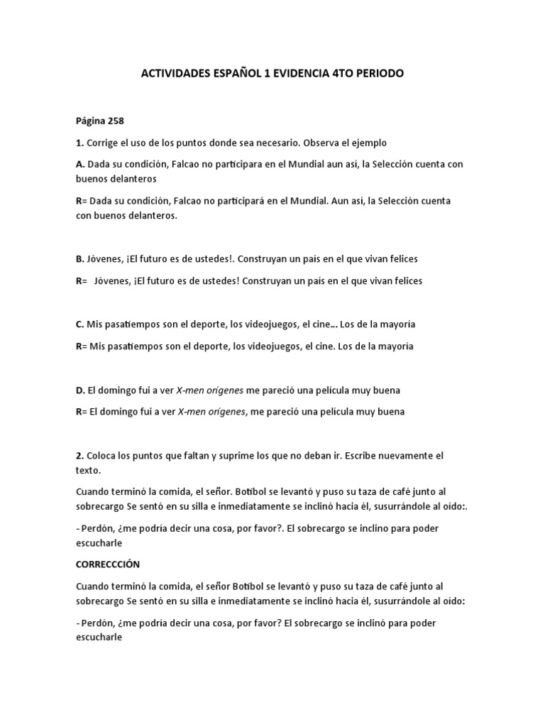 ACTIVIDADES ESPAÑOL 1 EVIDENCIA 4TO PERIODO | PDF