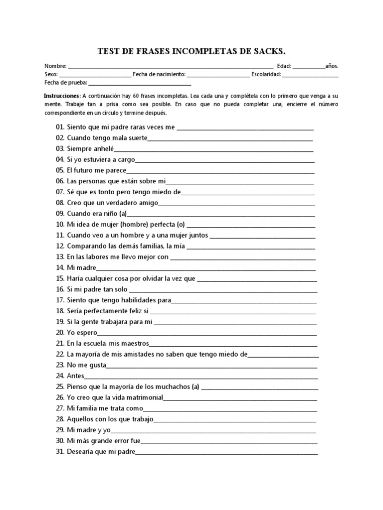 Test de Frases Incompletas de Sacks | PDF