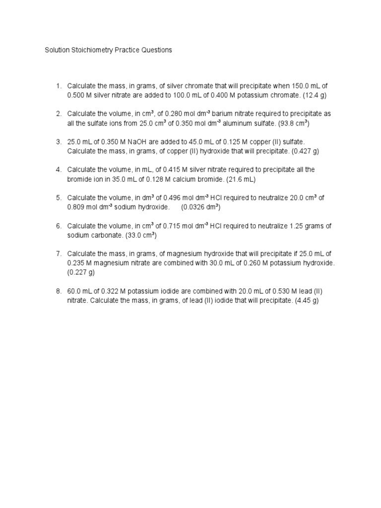 Solution Stoichiometry Practice Questions | PDF