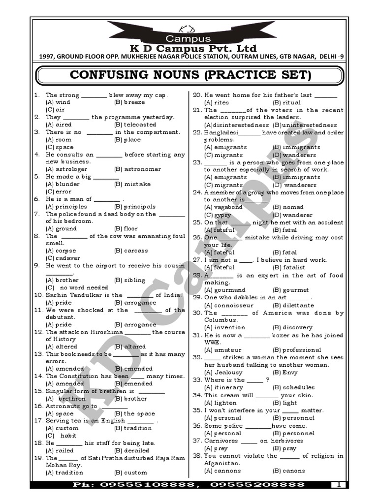 Confusing Nouns Practice Set | PDF