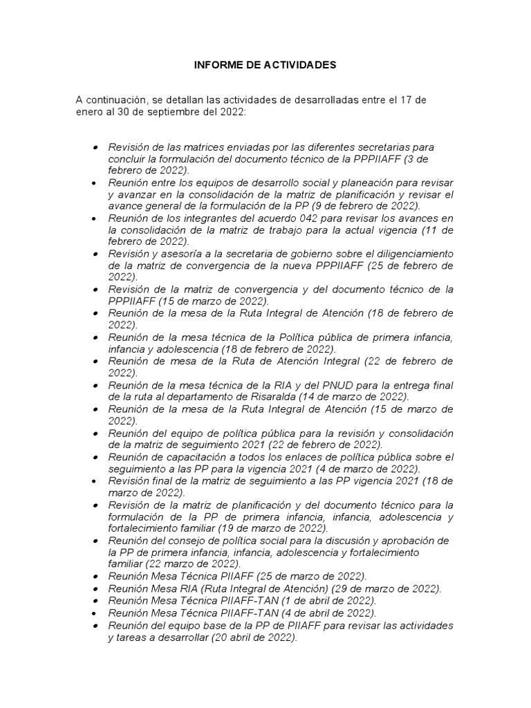 Informe de Actividades | PDF | Planificación