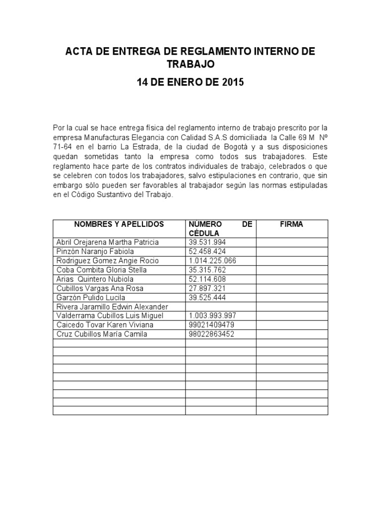 Acta de Entrega de Reglamento Interno de Trabajo | PDF