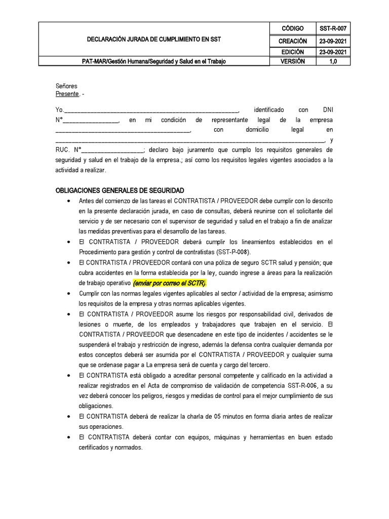 SST-R-007 Declaración Jurada de Cumplimiento en SST de Contratistas y Terceros | PDF | Business
