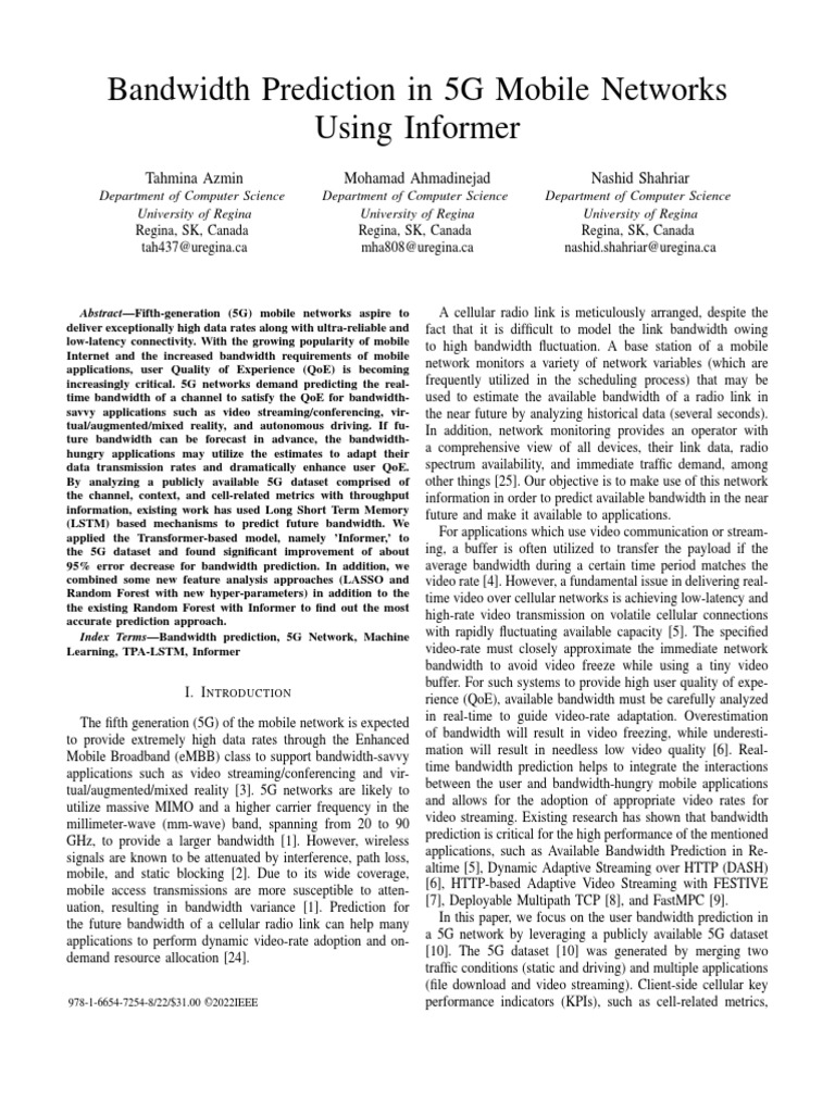 Bandwidth Prediction in 5G Mobile Networks Using Informer: Tahmina ...