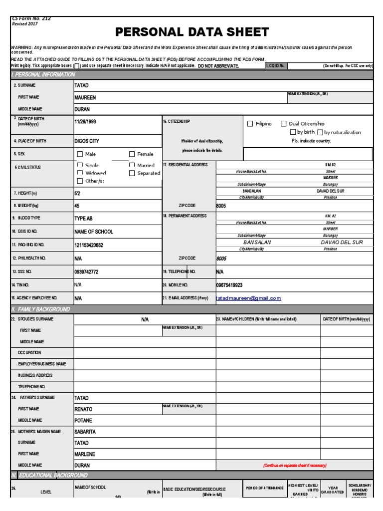 Cs Form No. 212 Revised Personal Data Sheet - New | PDF | Government | Social Institutions
