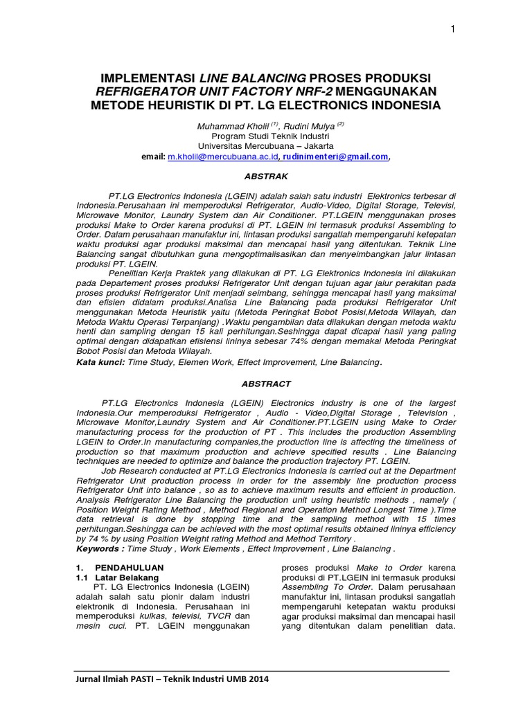 Implementasi Line Balancing Proses Produksi Refrigerator Unit Factory ...