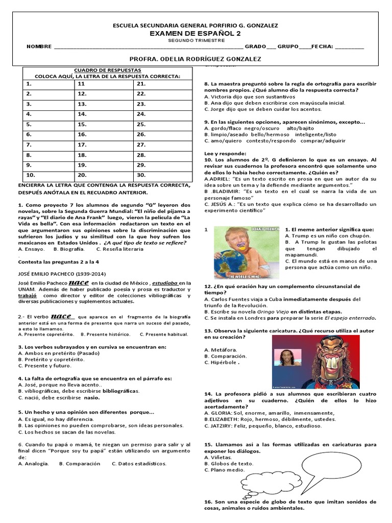 Exámenes de Español 2° Secundaria PDF | PDF | Lingüística